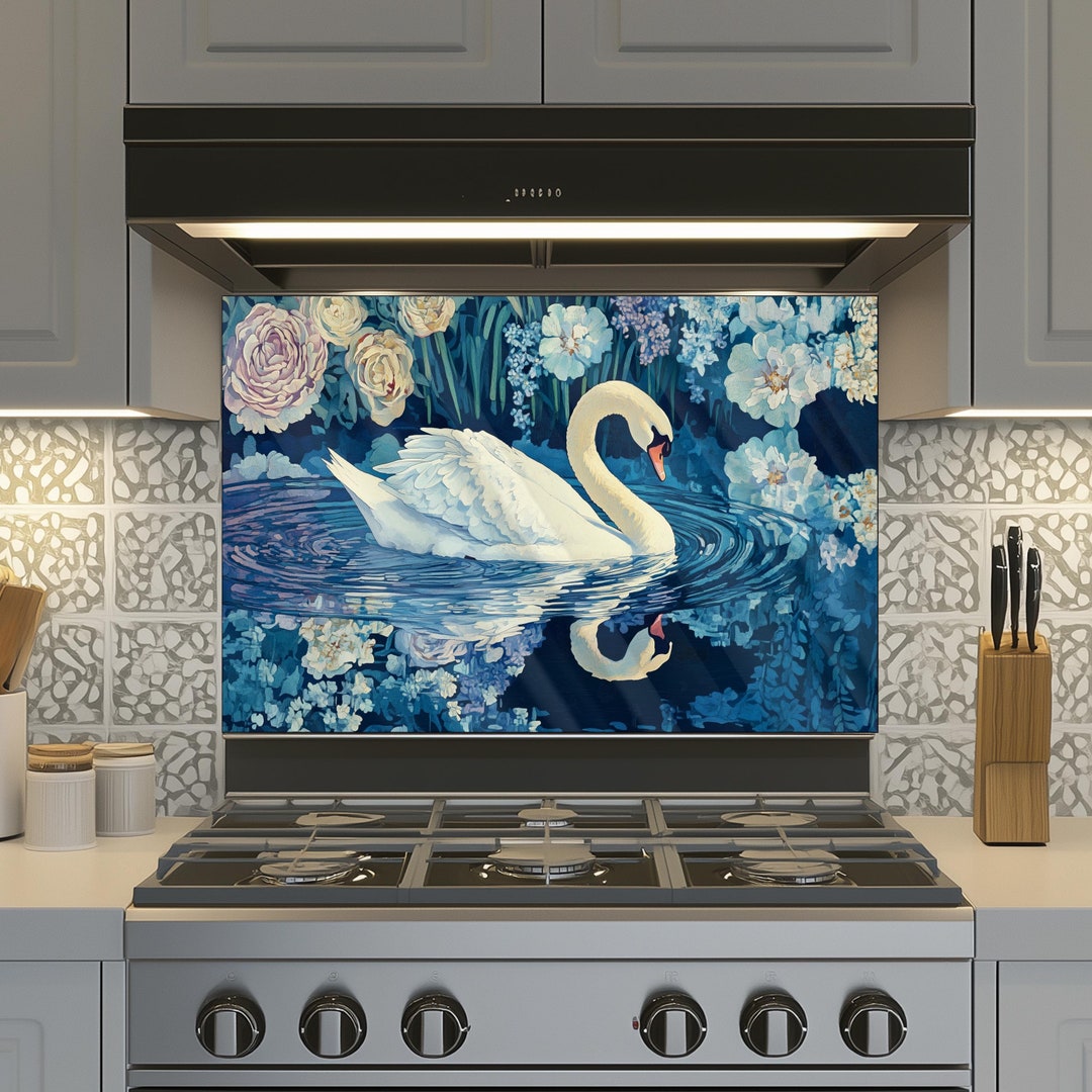 Back of Stove Glass Backsplash Durable Swan Kitchen Splashback for Wall ...