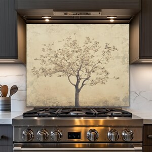 Glass Backsplash - Minimalist Vintage Tree Design Splashback, White ...