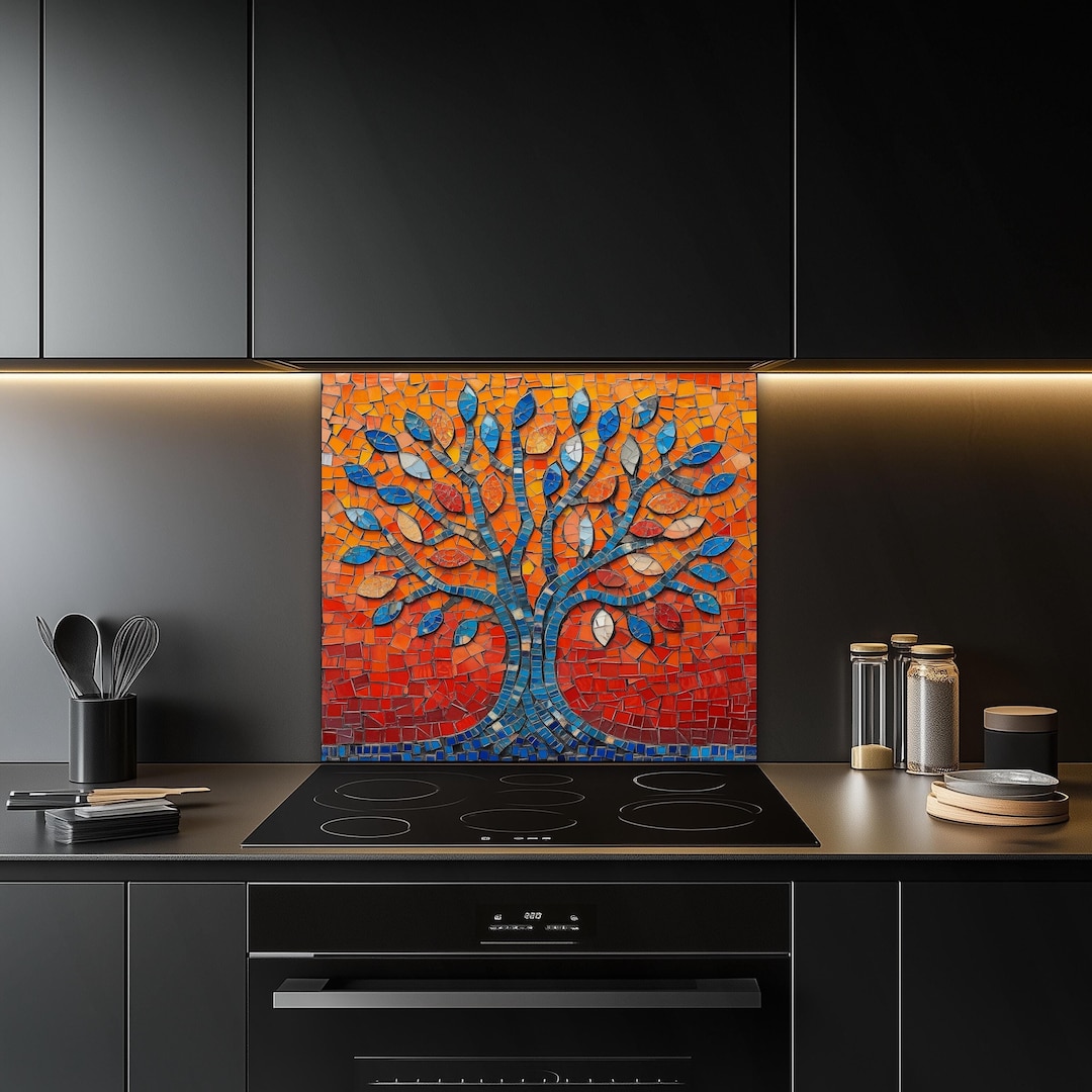 Tempered Glass Kitchen Backsplash Vibrant Mosaic Tree of Life Design ...
