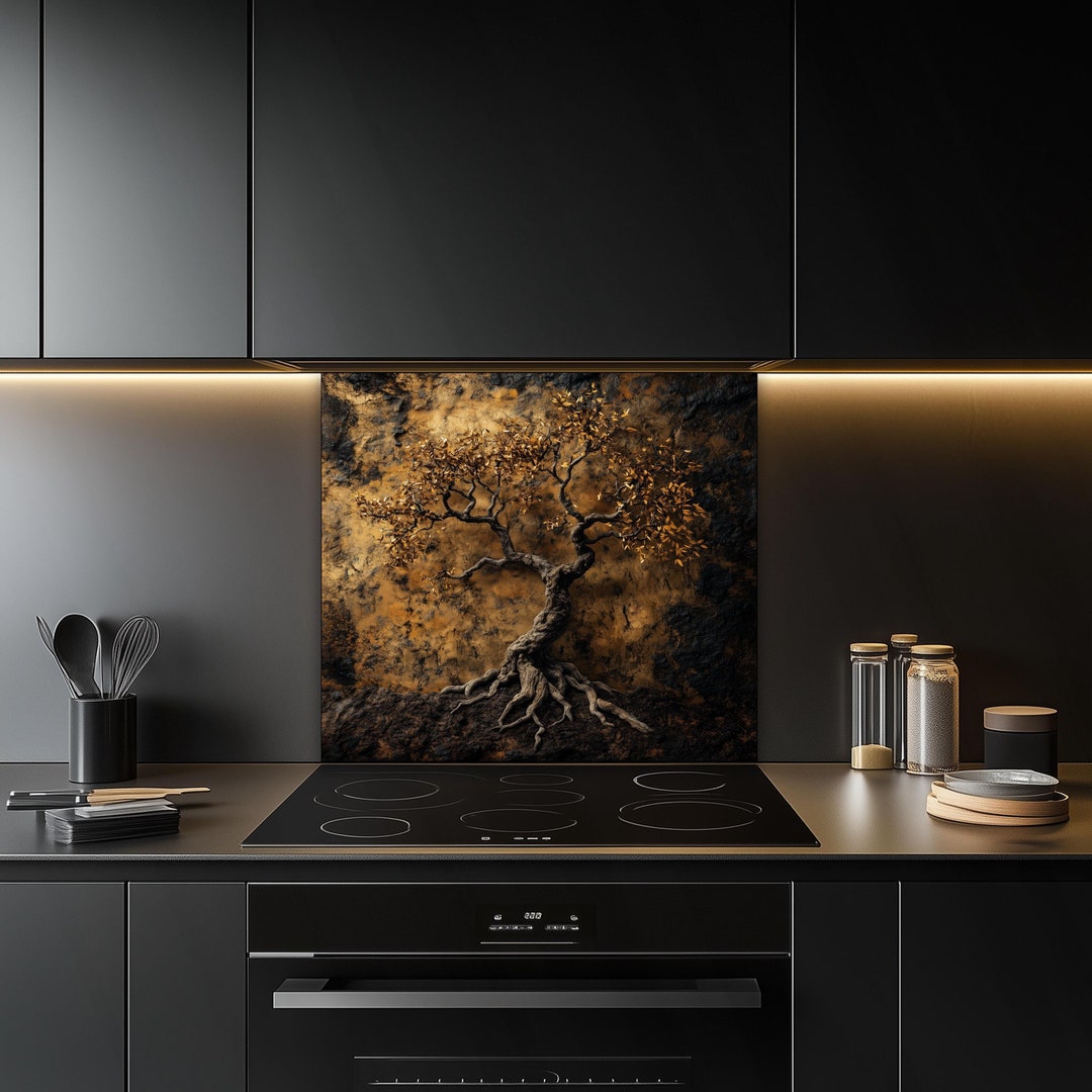 Rustic Gold Tree of Life Glass Kitchen Backsplash, Unique Glass ...