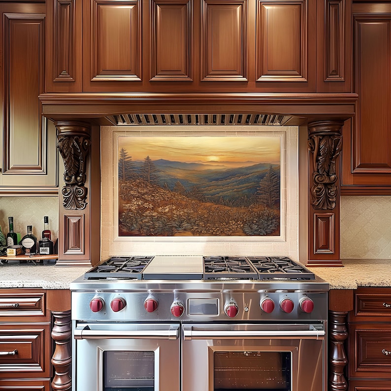 Mountain Landscape Backsplash, Floral Mountain Glass Splashback for ...
