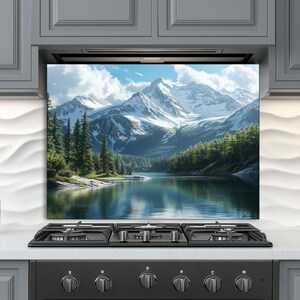 Tempered Glass Stove Backsplash for Kitchen, Mountain and Lake Artistic Splashback Panel for ...