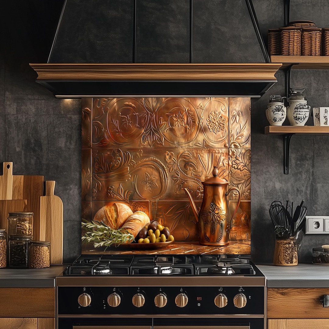 Glass Backsplash Behind Stove, Copper Look Glass Backsplash, Glass ...