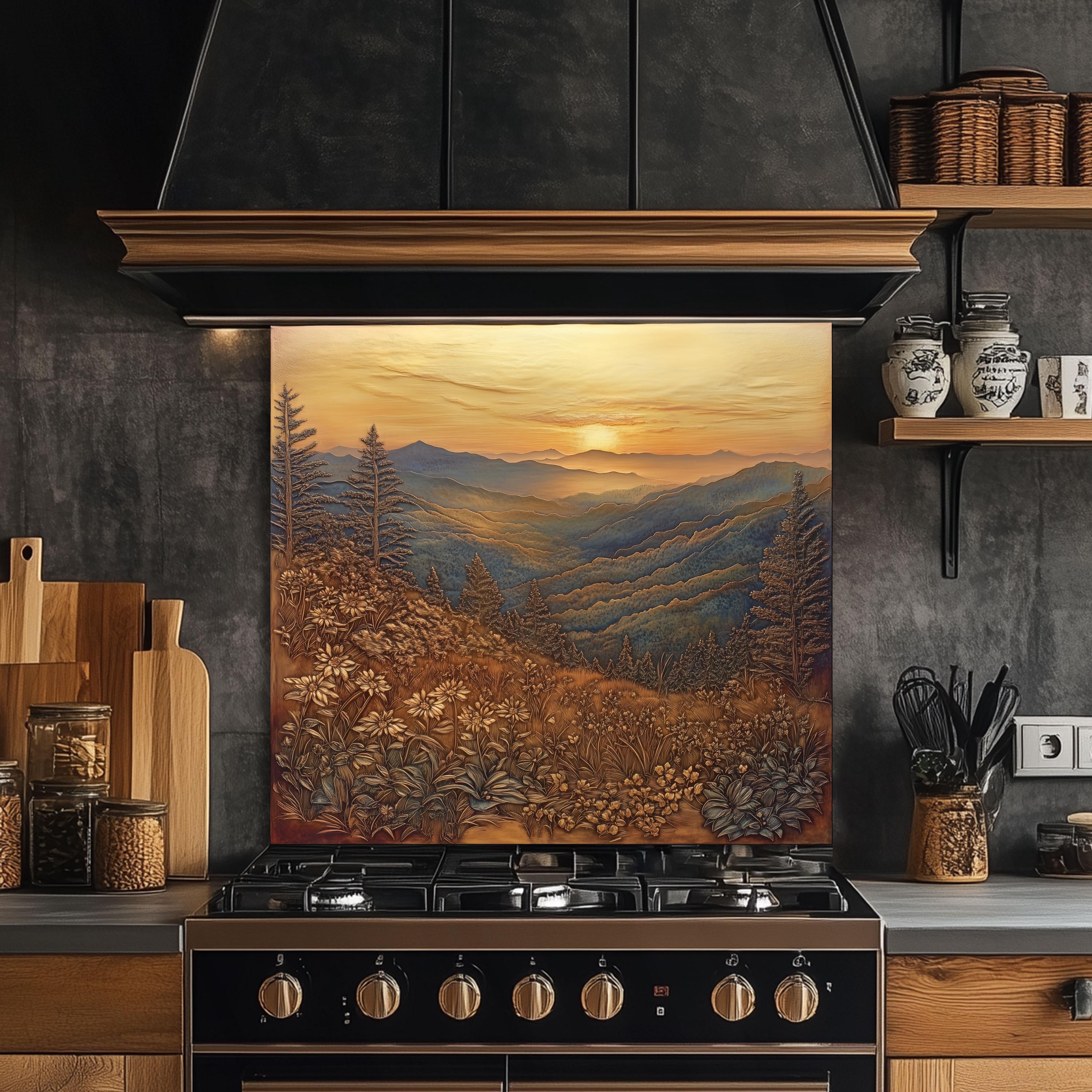 Mountain Landscape Backsplash, Floral Mountain Glass Splashback for ...