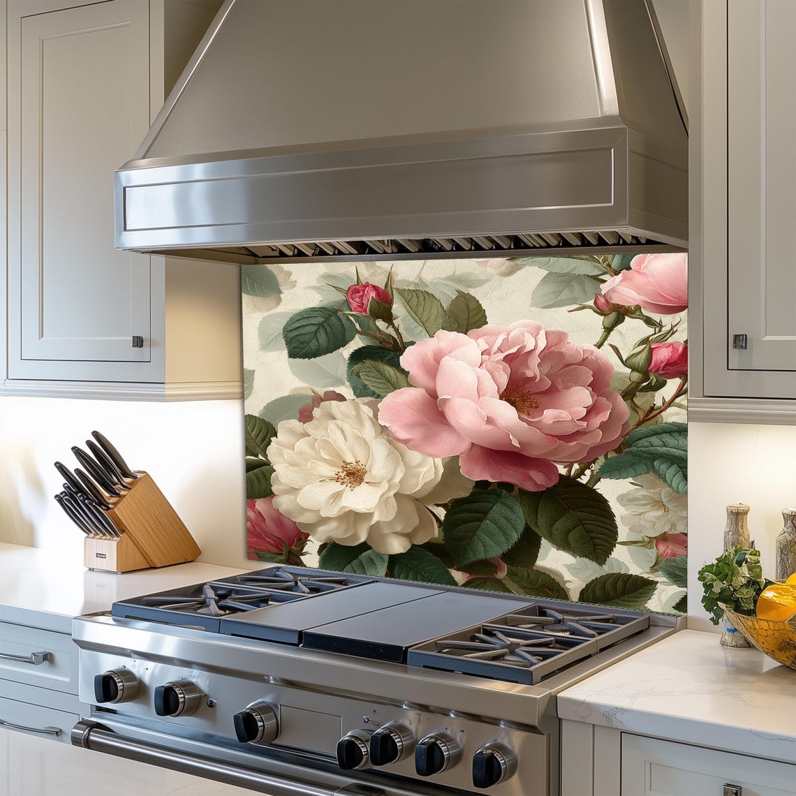 Vintage Floral Rose Kitchen Backsplash - Pink and White Peony Tempered ...