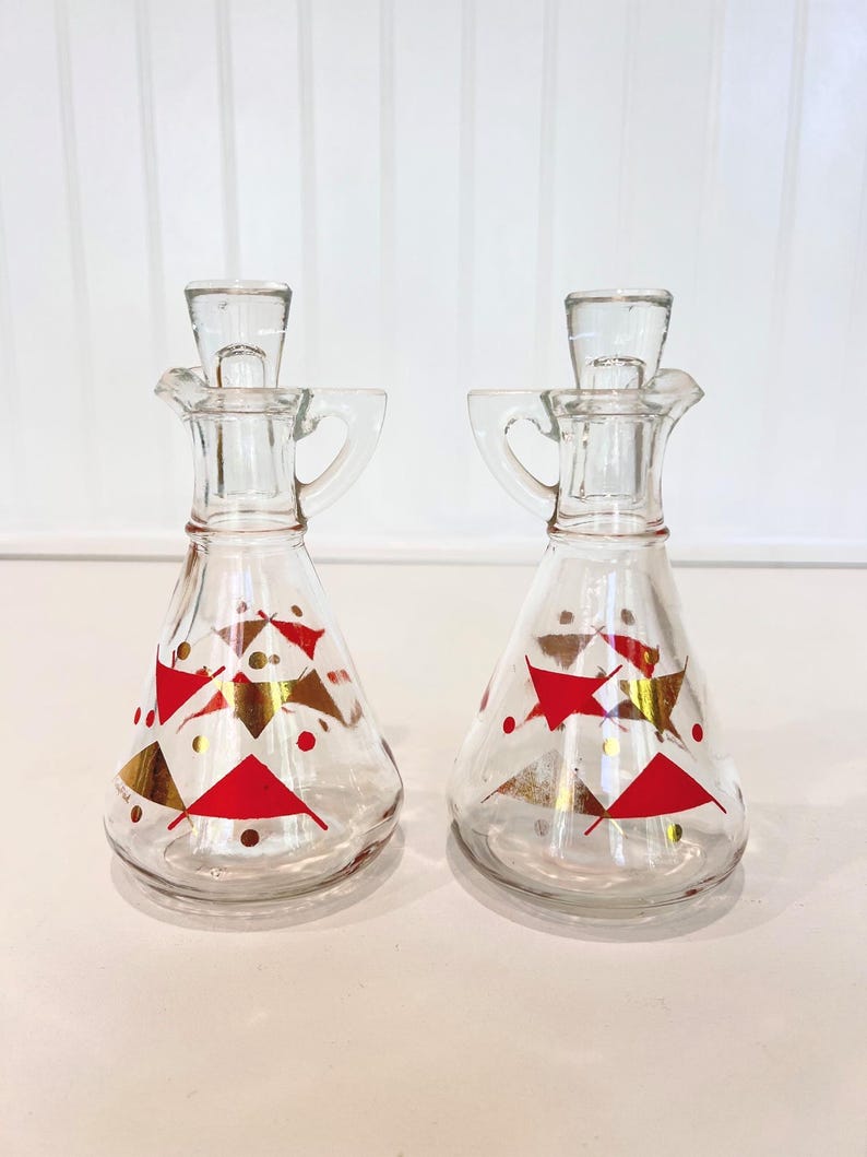 Mid Century Modern Cruet Set: Atomic Red Gold Triangles, Vintage ...