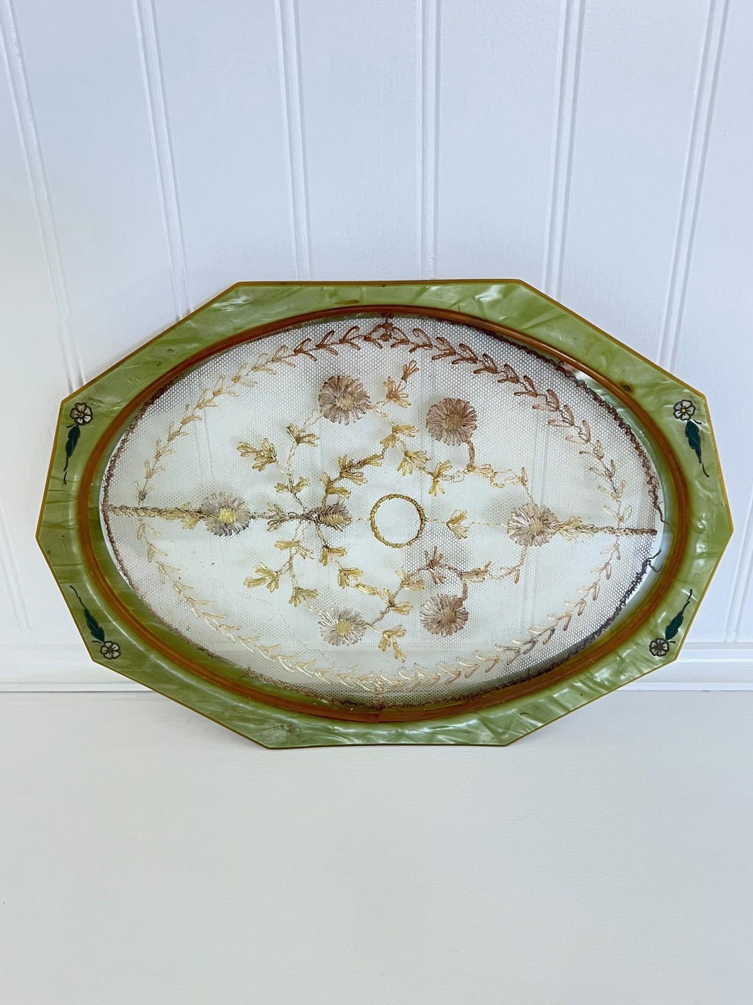 Antique Vanity Tray | Celluloid Bakelite Tray | Lace Embroidered Tray ...