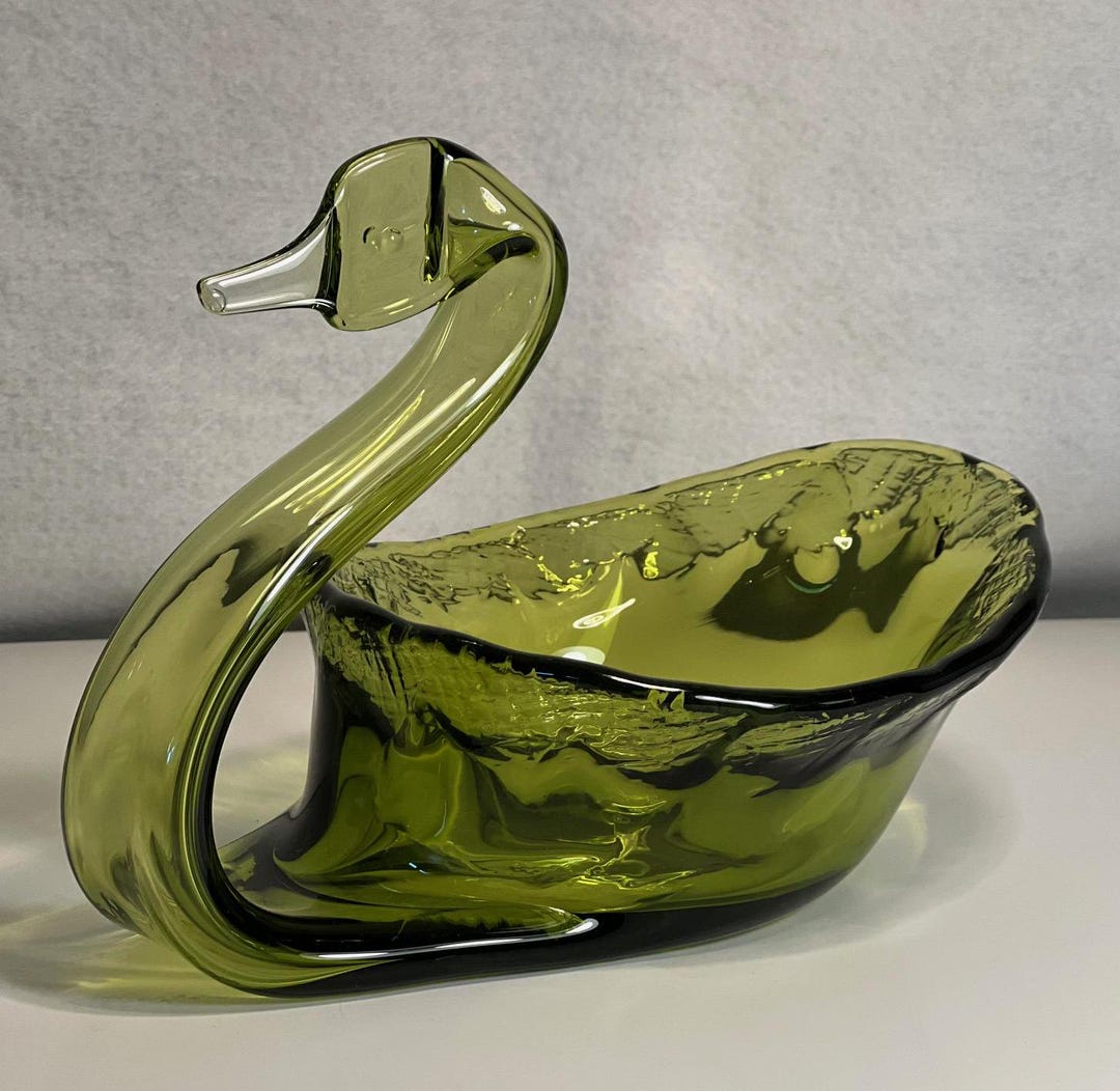 Vintage Green Glass Swan Dish: Art Glass Trinket Bowl - Etsy