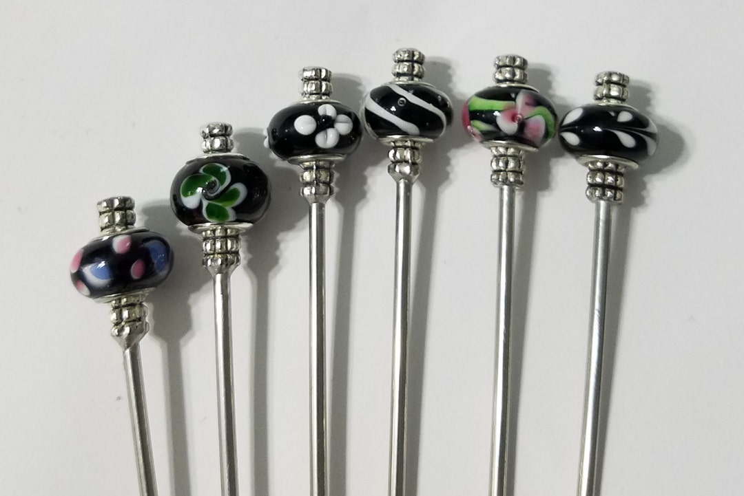 Steel Hairstick - Black Lampwork Glass Murano Style Hairpin European ...