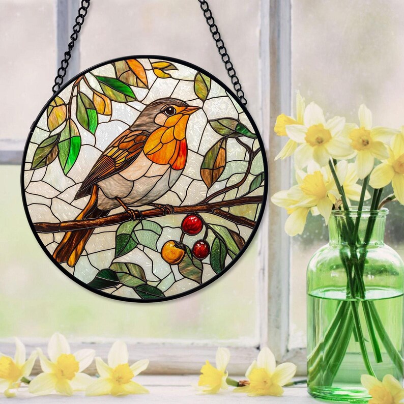 Robin Bird Suncatcher, Robin Faux Stained Glass, Robin Bird Glass Art ...