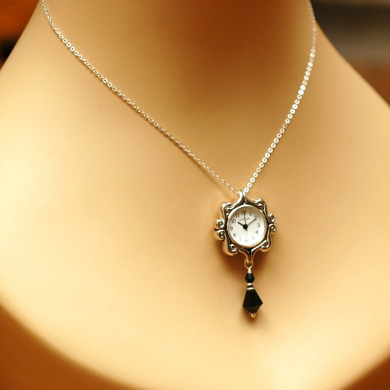 Timely Fashion --- Working Watch Necklace in Silver With A Jet Black ...