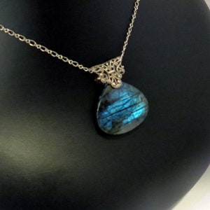 Large Labradorite Necklace With Antique Silver Filigree - Aqua, Teal ...