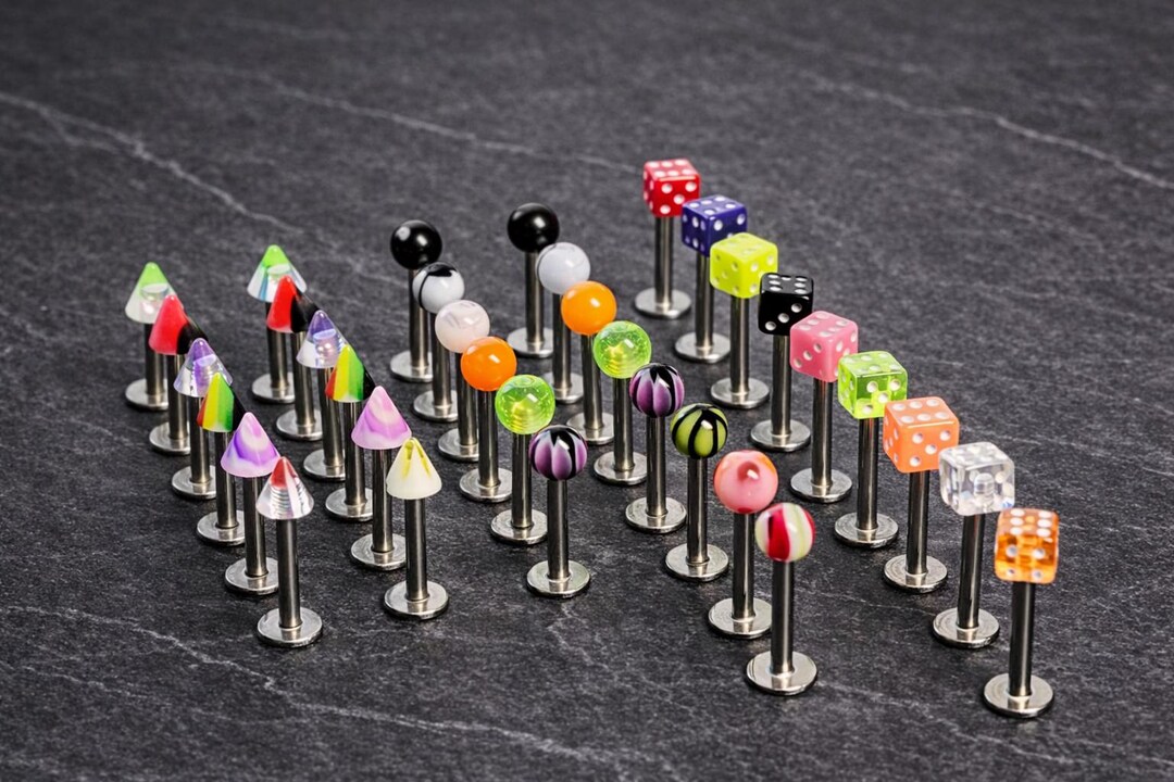 Pack of 10 Surgical Steel Labret Bars - Acrylic Ball, Spike or Dice Top ...