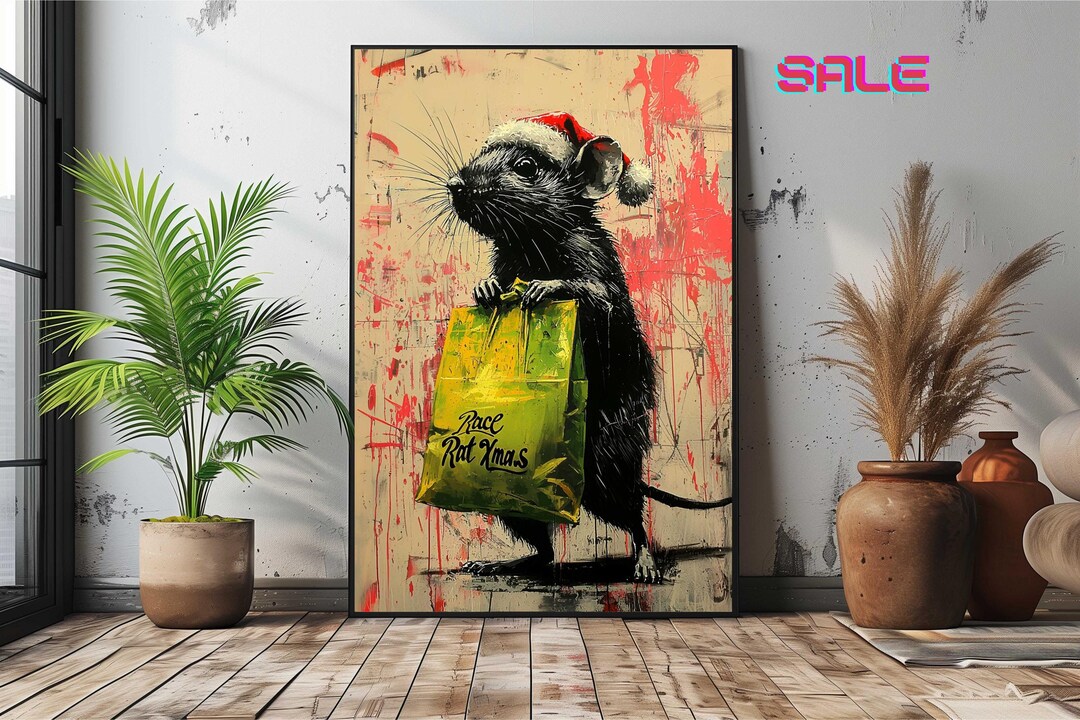 Modern Rat Street Art Christmas Poster Urban Wall Decor Santa Hat Rat ...