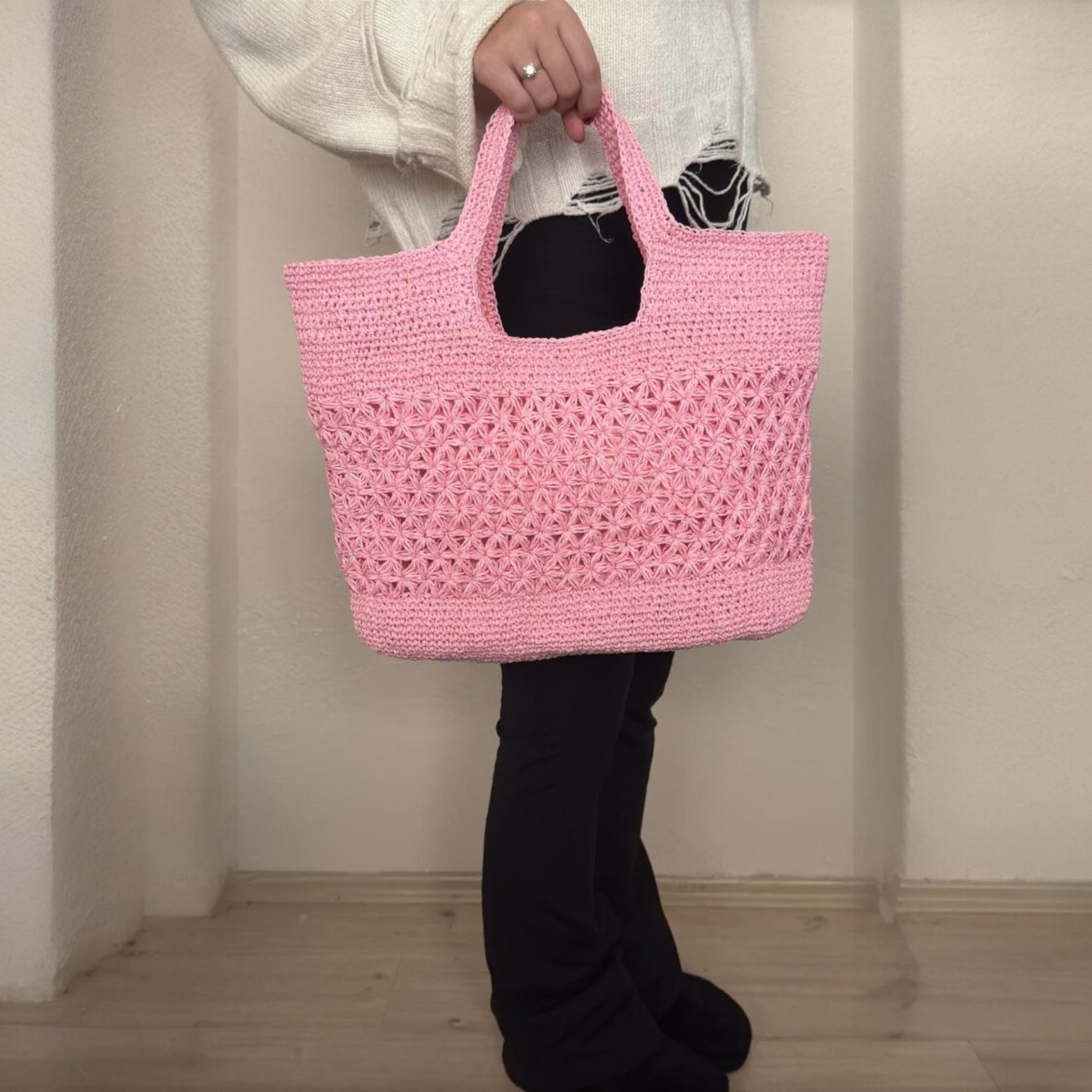 Crochet Pink Paper Rope Bag: Handmade Crochet Tote - Etsy