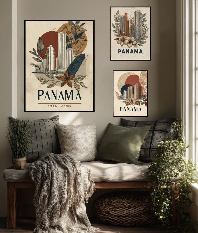 Panama Travel Poster: Boho Line Art, Canal & Skyline - Etsy