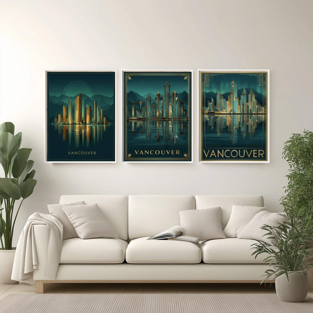 Vancouver Art Deco Travel Poster Modern Gold Green City Wall Art ...