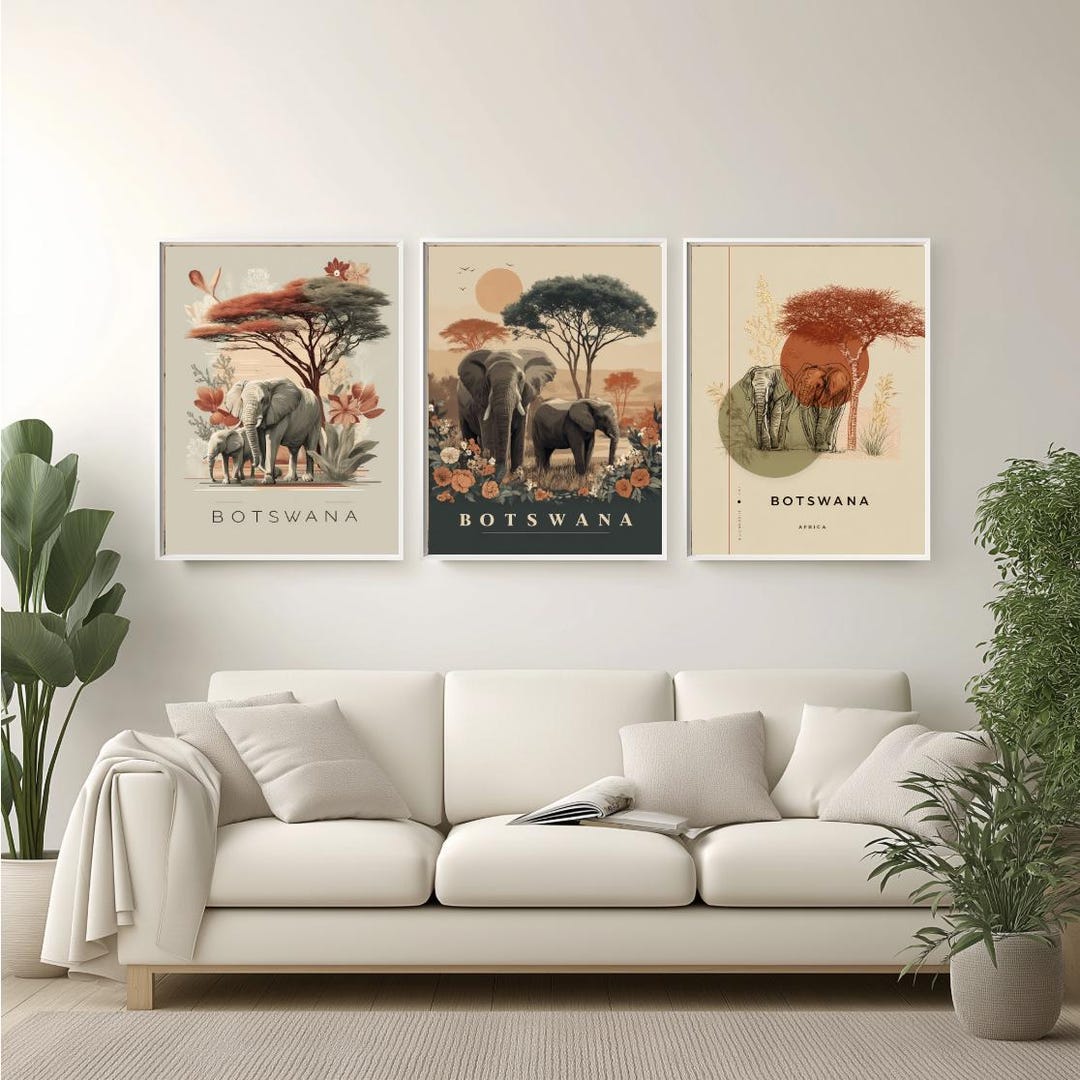 Modern Botswana Africa Travel Poster With Elephants and Acacia Trees ...