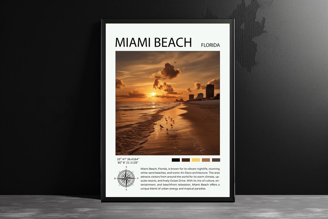 Miami Beach Florida Travel Poster Decor Miami Beach Sunset Illustration ...