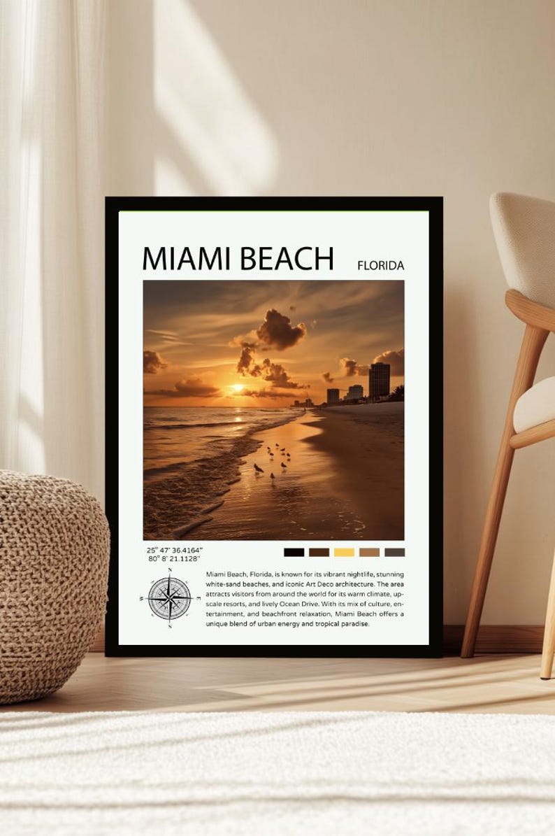 Miami Beach Sunset Travel Poster: Florida Art Print - Etsy