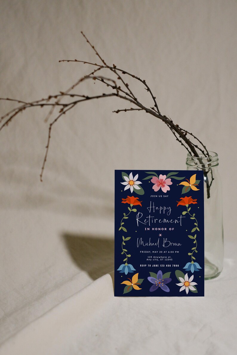 Floral Retirement Greeting Invitation Template, Navy & Blossom ...