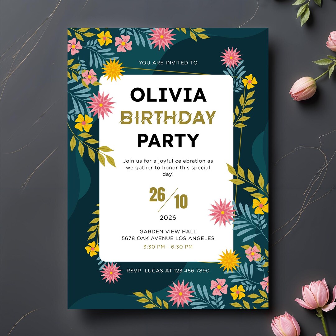Elegant Garden Birthday Invite,floral Bliss Invitation,botanic Charm ...