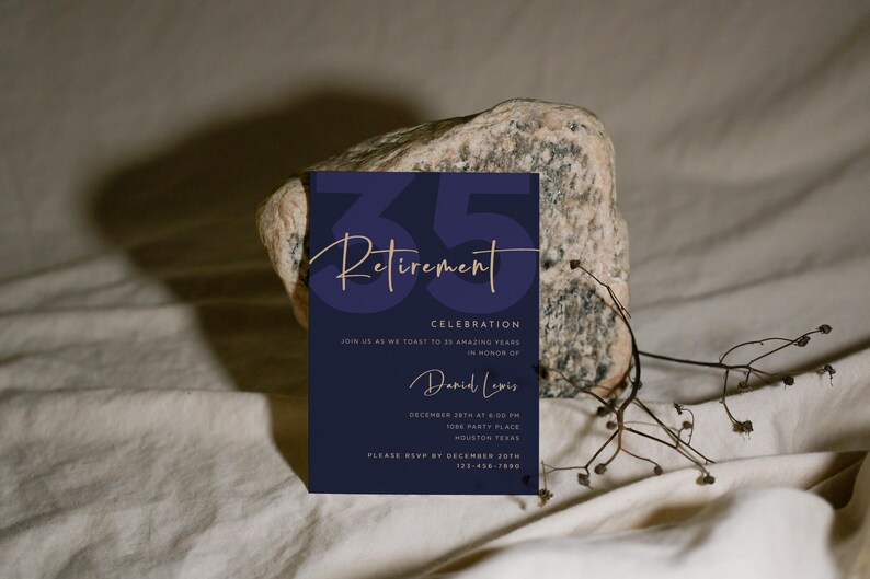 Blue Retirement Invite Card, Navy and Gold Retirement Party Invitation ...