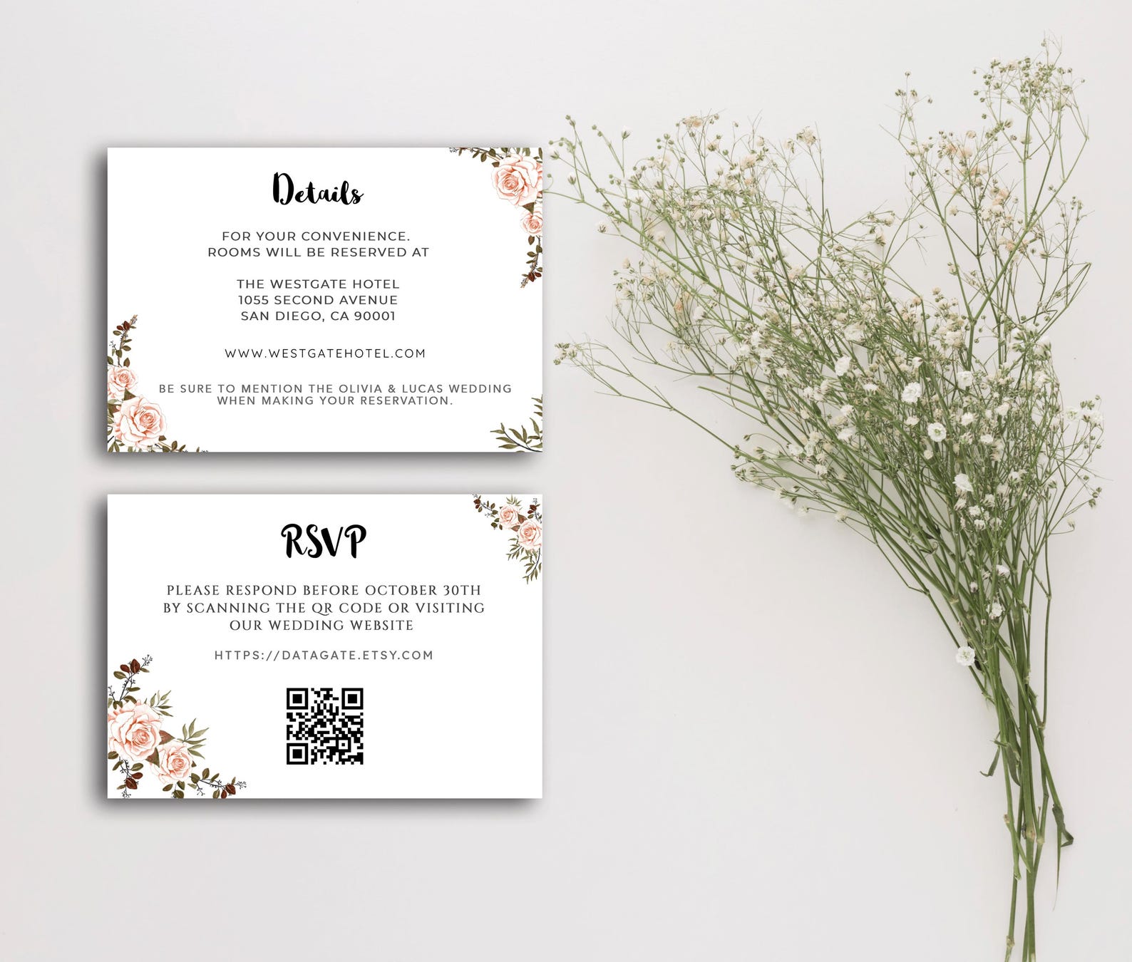 Floral Wedding Invitation With QR Code, Minimal Wedding Invite Suite ...