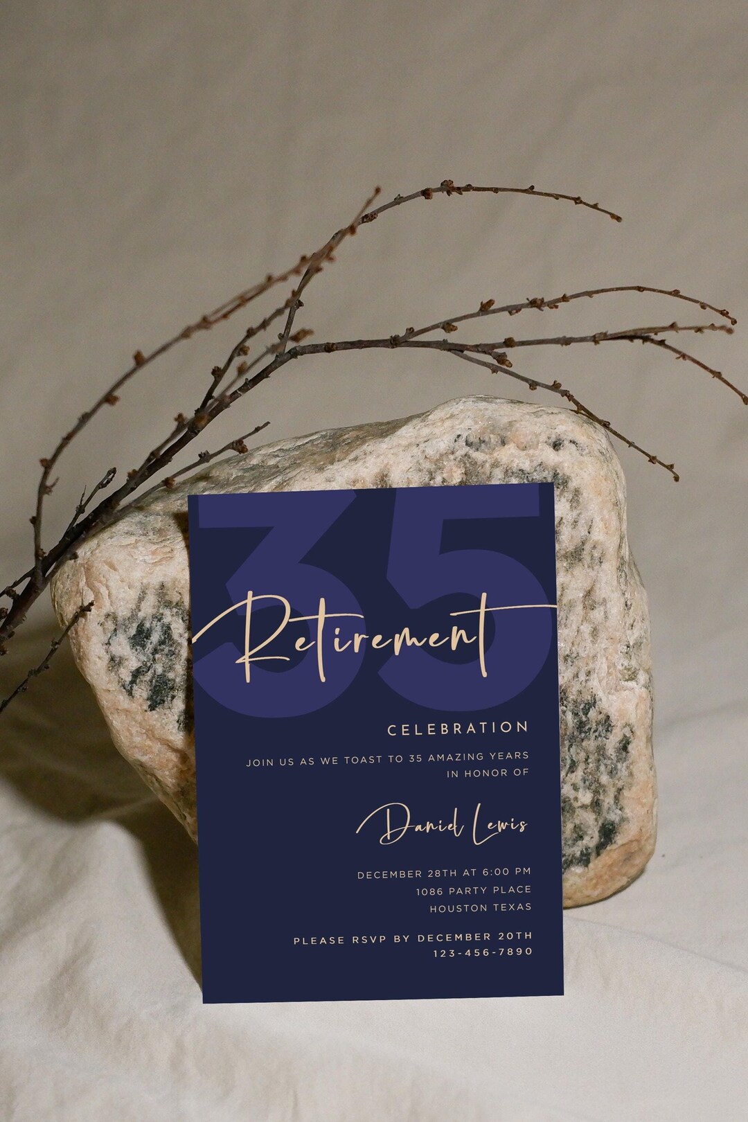 Blue Retirement Invite Card, Navy and Gold Retirement Party Invitation ...