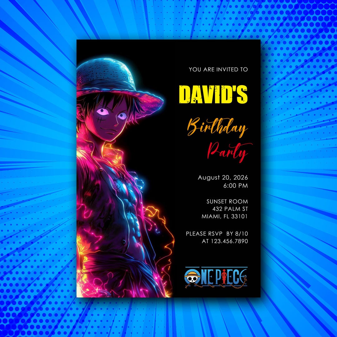 One Piece Birthday Invitation,straw Hat Luffy Card,anime Hero Invite ...