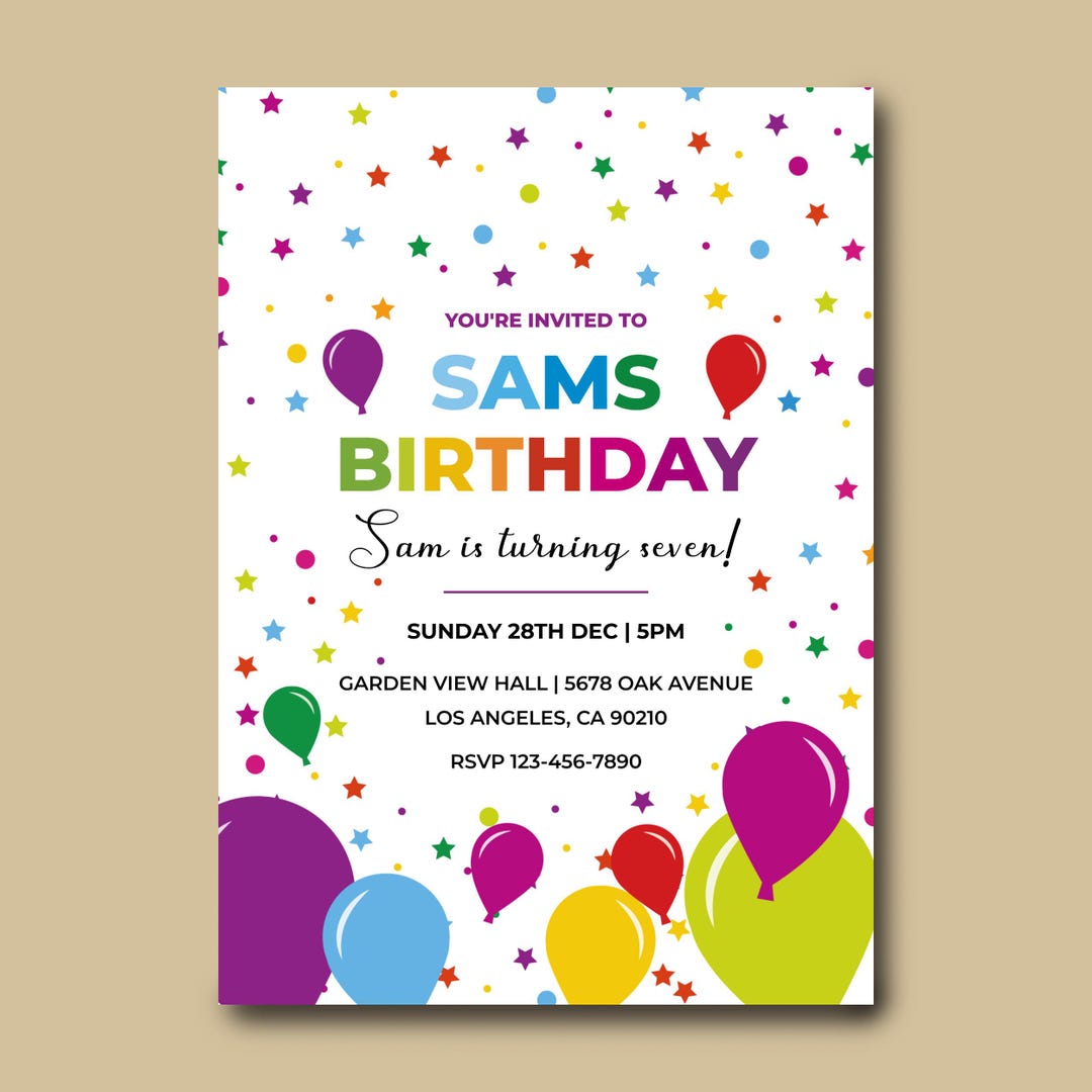 Rainbow Balloon Birthday Invitation: Editable Color Pop Party Invite ...