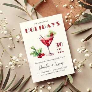 Housewarming Invite Template | Cocktail Glass & Holly Leaves | Welcome ...