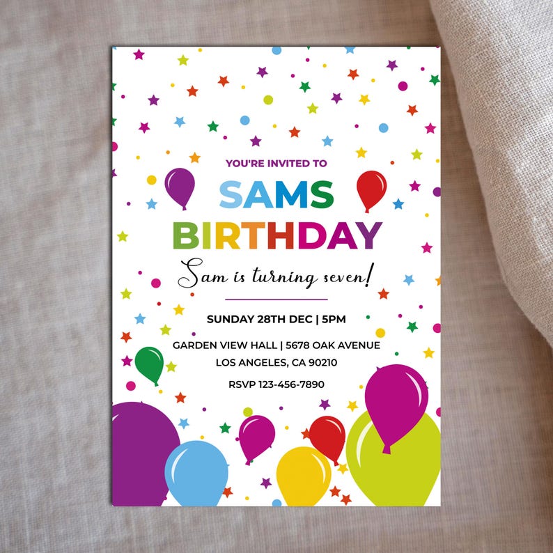 Rainbow Balloon Birthday Invitation: Editable Color Pop Party Invite ...
