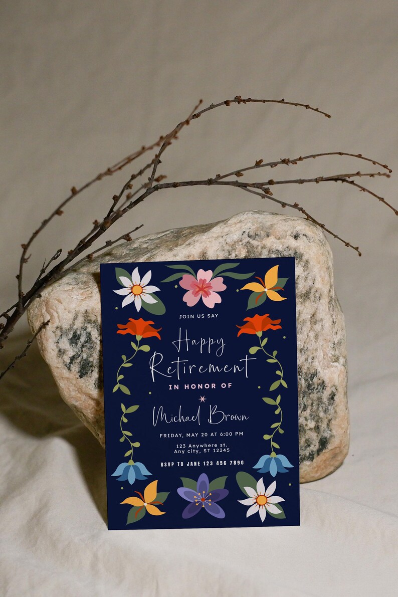 Floral Retirement Greeting Invitation Template, Navy & Blossom ...