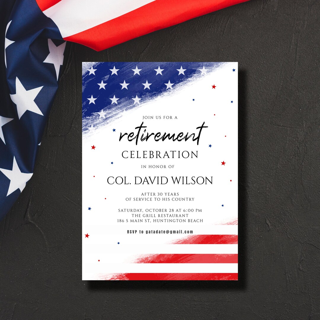 Watercolor Patriotic Retirement Invitation, Stars and Stripes (digital ...