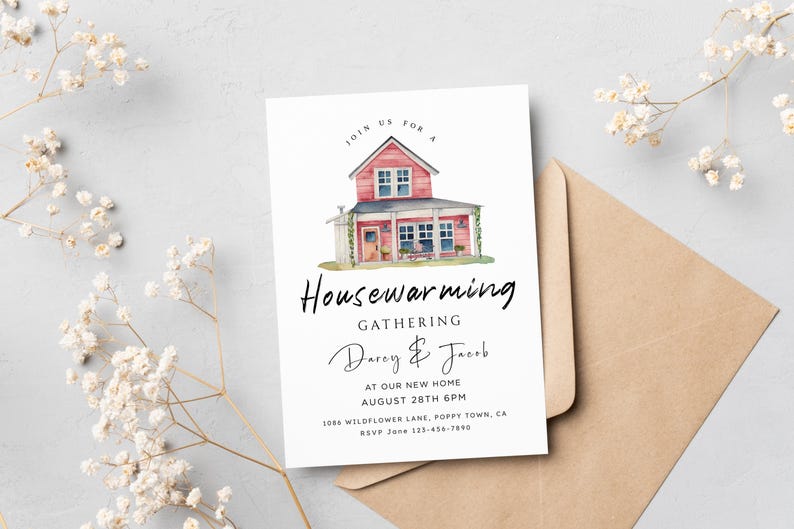 Rustic & Watercolor Housewarming Party Invitation, Home Gathering ...