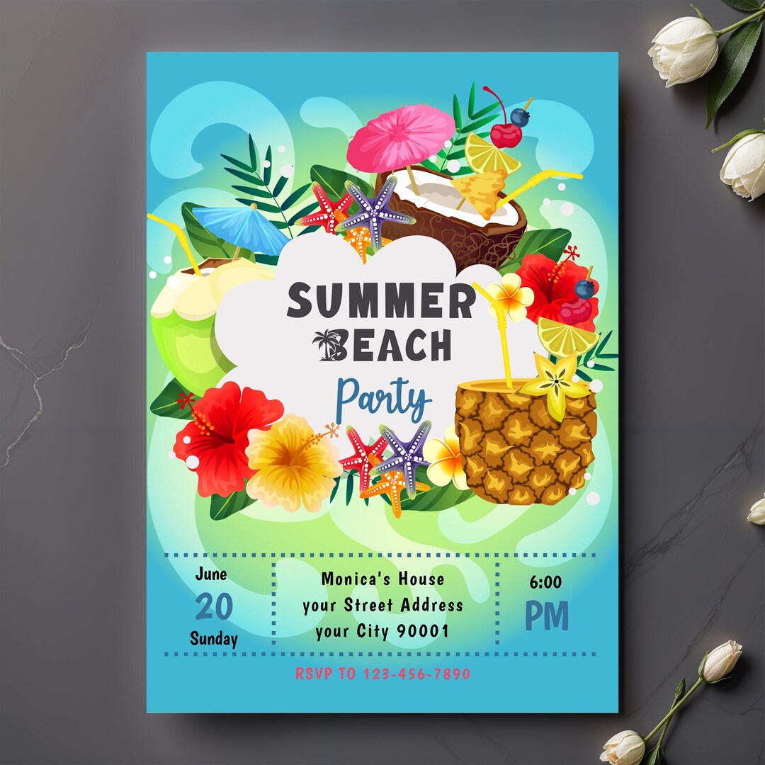 Tropical Pool Party Invitation: Summer Beach Birthday (DIY Template ...