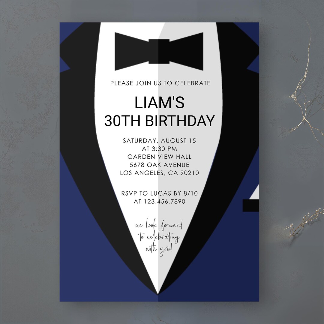 Elegant Tuxedo Birthday Invitation, Formal Black Tie (DIY Template) - Etsy