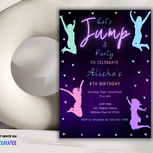 Editable Jump Party Birthday Invitation, Glow Trampoline Party Neutral ...