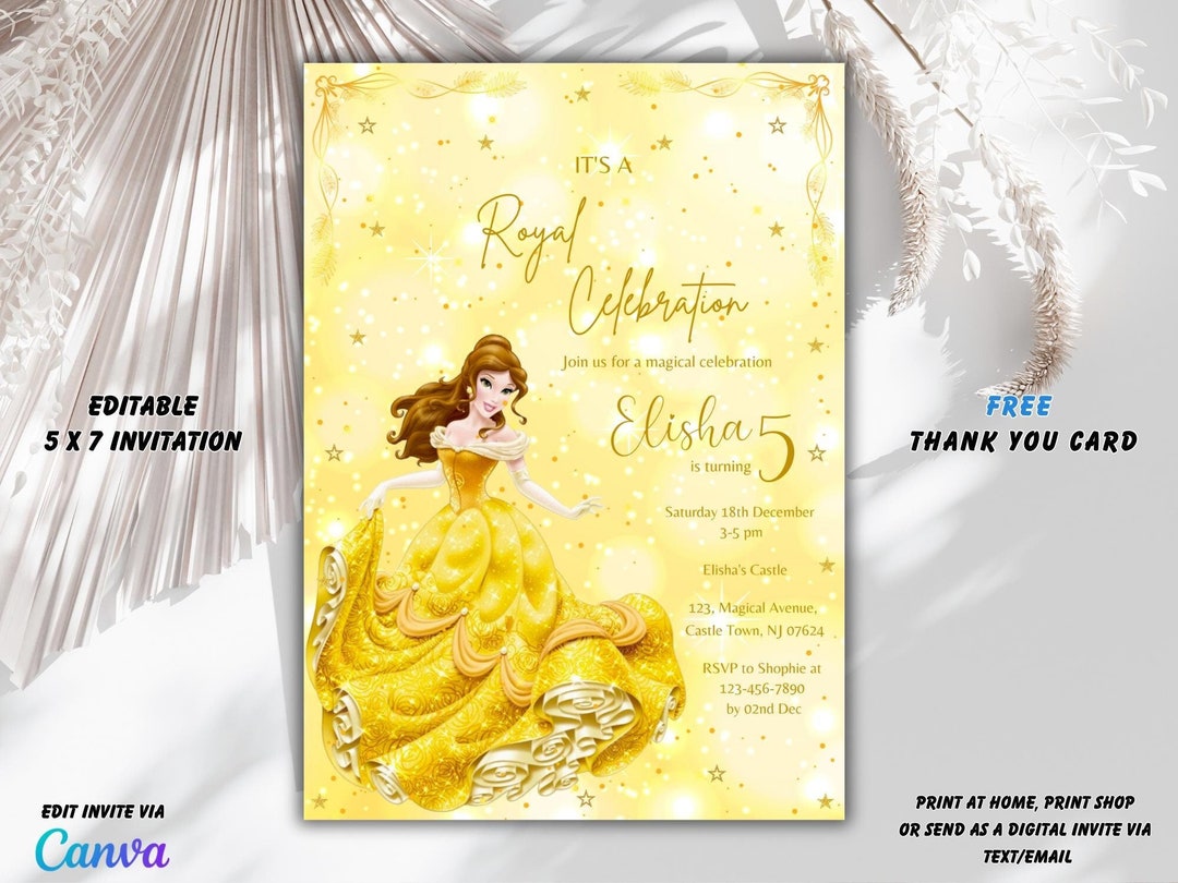 Belle Princess Birthday Invitation: Pink & Gold, Fairytale Theme ...