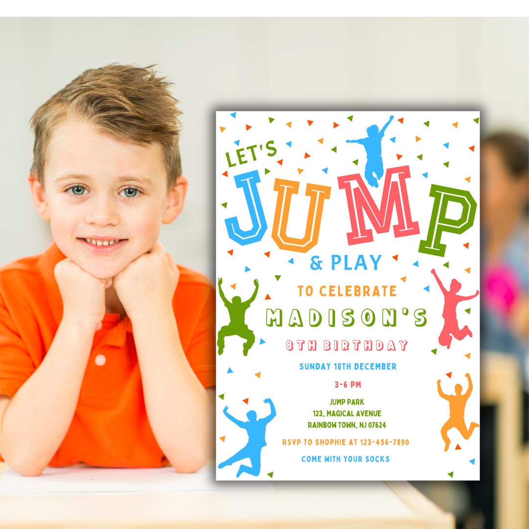 Editable Jump Birthday Invitation: Trampoline Party, Neon Glow (digital ...