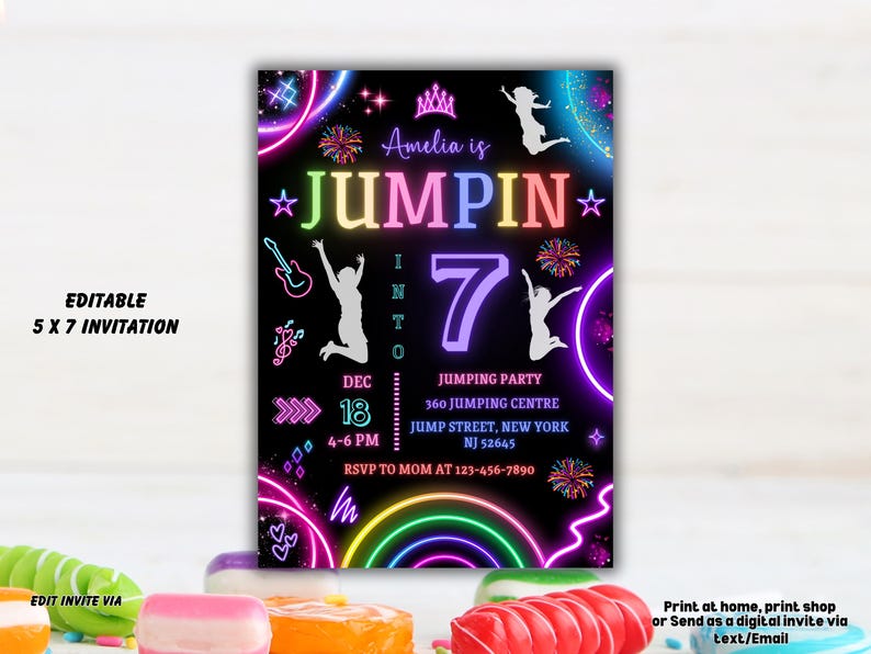 Editable Neon Jump Birthday Invitation: Trampoline Party (digital) - Etsy