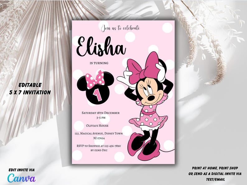 Invitación de cumpleaños editable de Minnie Mouse, cumpleaños de Minnie Mouse rosa, cumpleaños ...