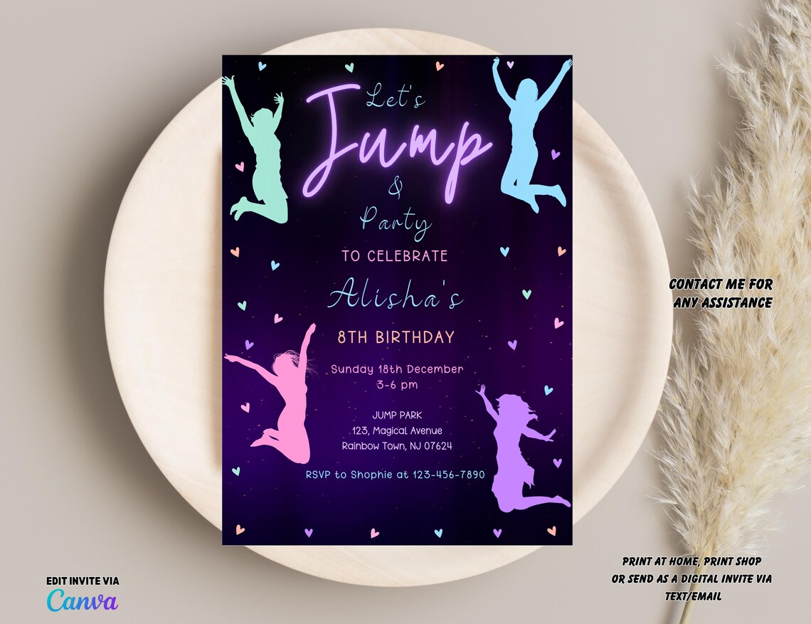 Editable Jump Party Birthday Invitation, Glow Trampoline Party Neutral ...