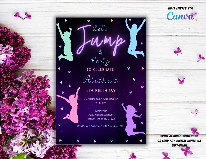 Editable Jump Party Birthday Invitation, Glow Trampoline Party Neutral ...