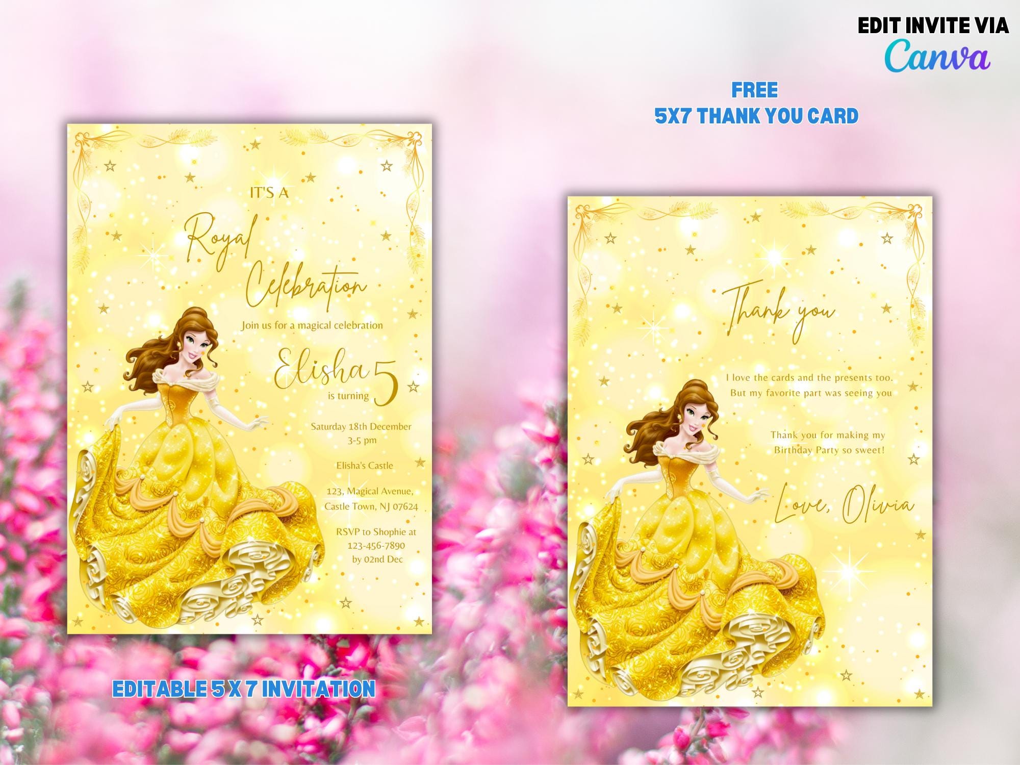 Belle Princess Birthday Invitation: Pink & Gold, Fairytale Theme ...