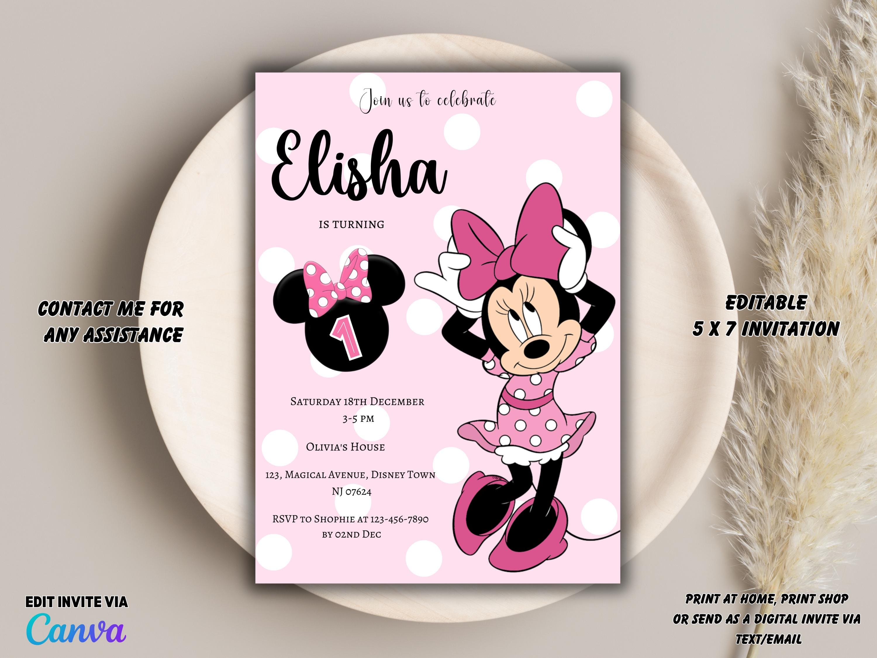 Invitación de cumpleaños editable de Minnie Mouse: Invitación rosa ...