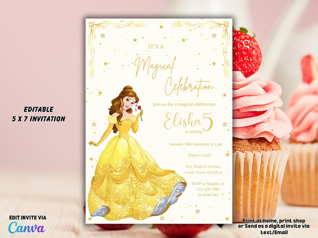 Belle Princess Birthday Invitation: Pink and Gold, Fairytale Theme ...