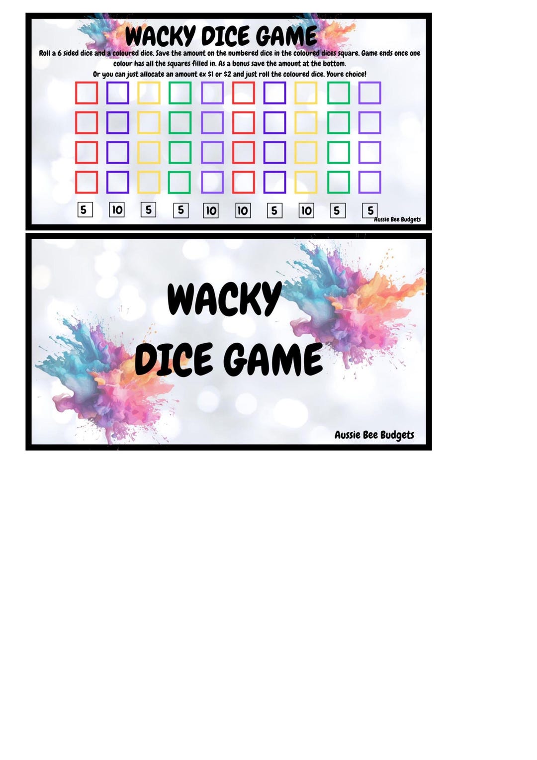 A6 WACKY DICE GAME and Cover Dashboard (digital Download Only) - Etsy