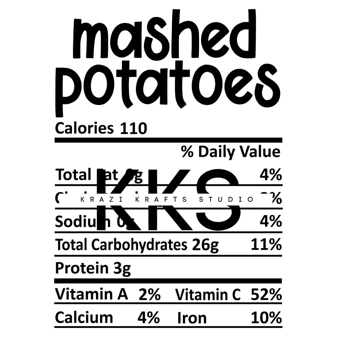 Mashed Potatoes Nutrition Label Printable - Perfect for Foodie T-shirts ...